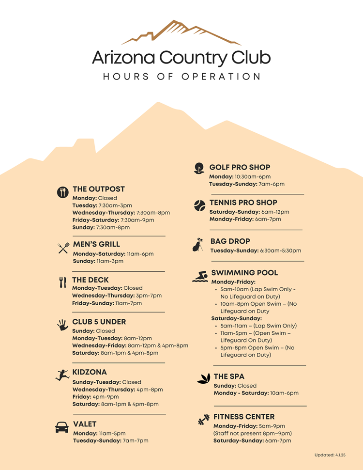 Club Hours | Arizona Country Club - Phoenix, AZ