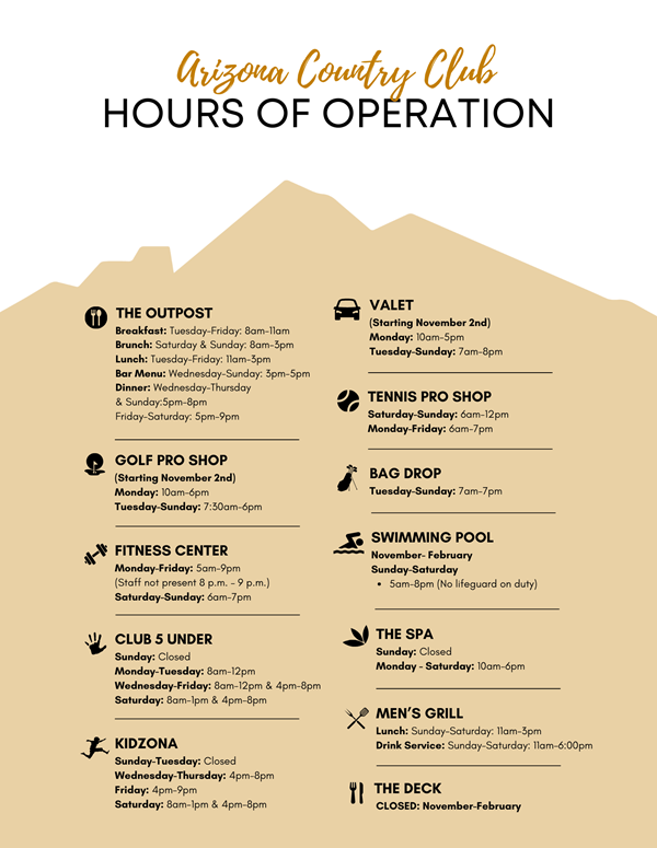 Club Hours | Arizona Country Club - Phoenix, AZ